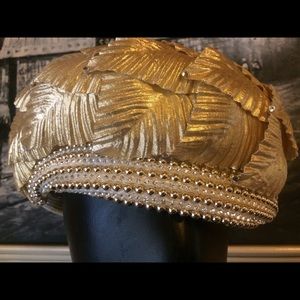 Tim Crawford | Accessories | New Gold White Hat W Gold Pearls Feathers ...